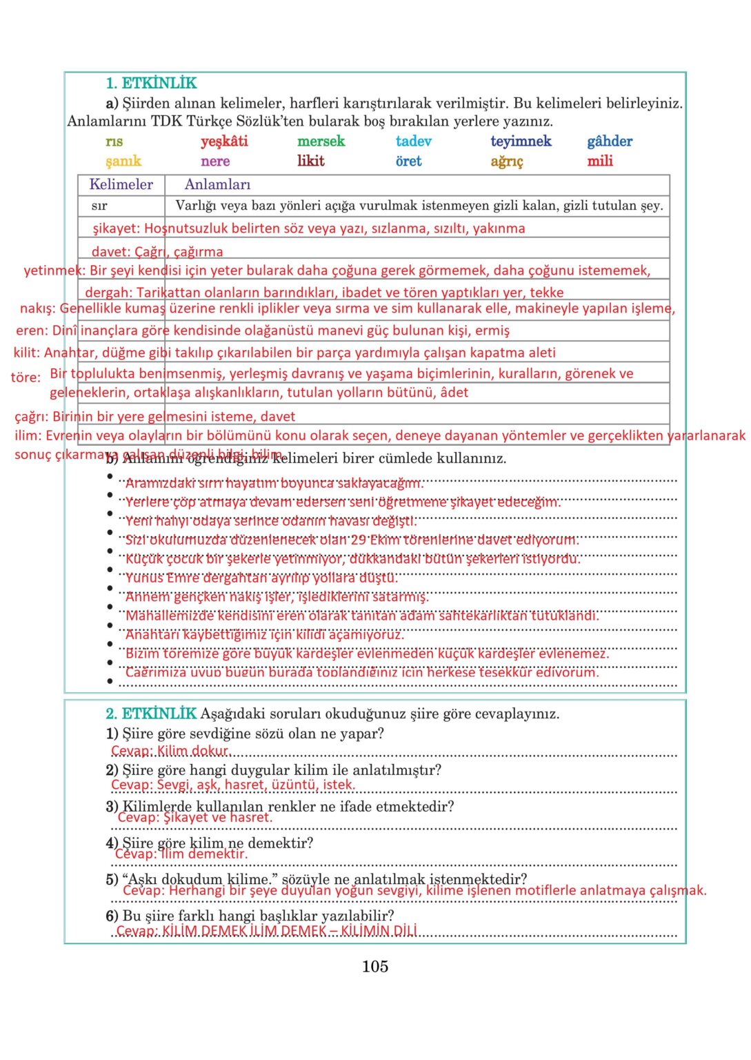 5.Sınıf Türkçe Sayfa 105 Cevabı Anıttepe Yayıncılık ...