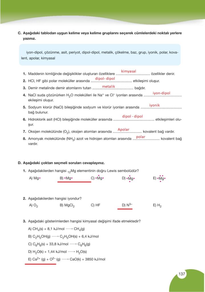 9. Sınıf Kimya Ders Kitabı Pasifik Yayınları Sayfa 137 Cevapları – derskitabicevaplarim.com