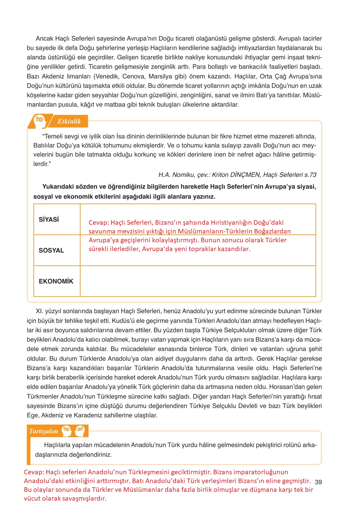 10. Sınıf Tarih Ders Kitabı Ata Yayınları Sayfa 39 Cevapları ...