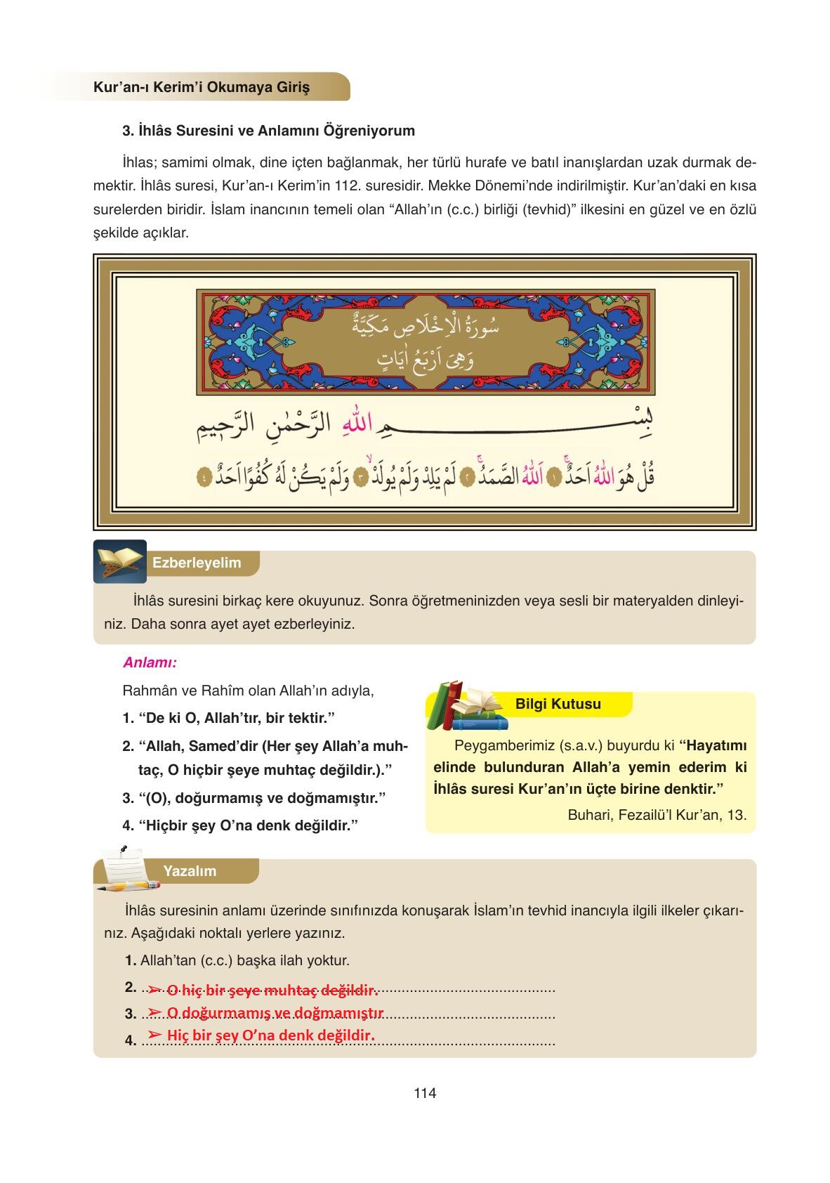 9. Sınıf Kuran-ı Kerim Ders Kitabı Ata Yayınları Sayfa 114 Cevapları - derskitabicevaplarim.com