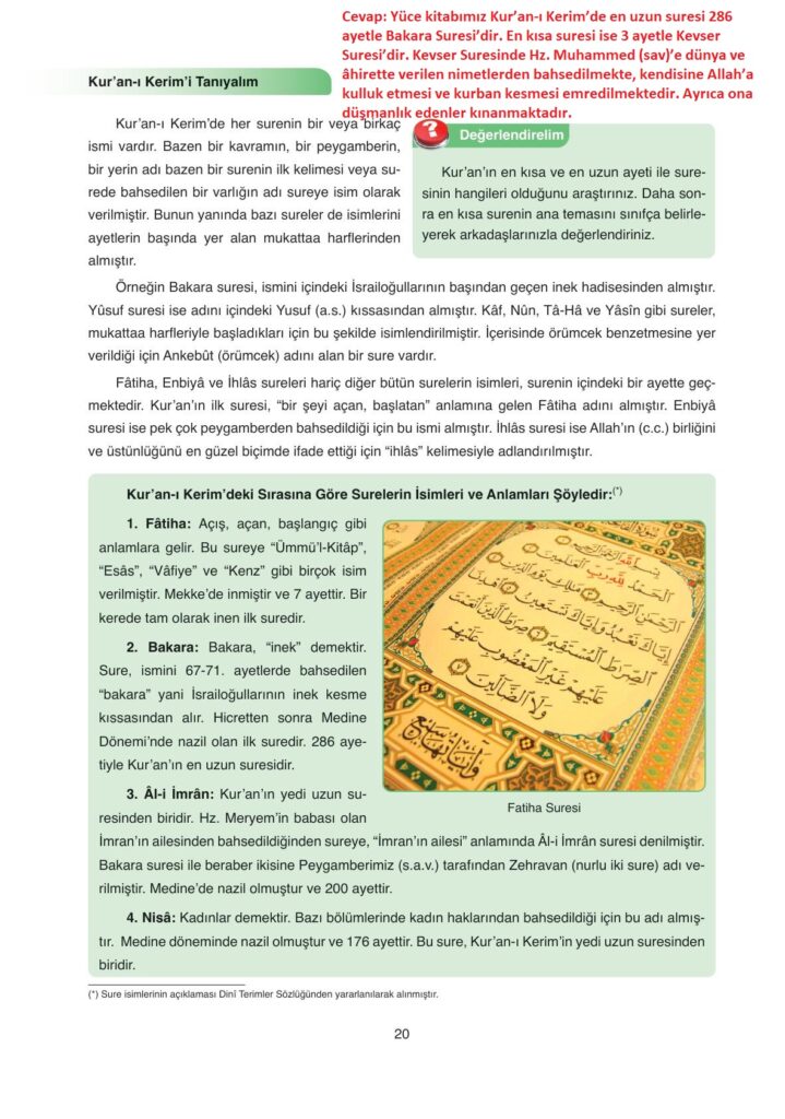 9. Sınıf Kuran-ı Kerim Ders Kitabı Ata Yayınları Sayfa 20 Cevapları - derskitabicevaplarim.com