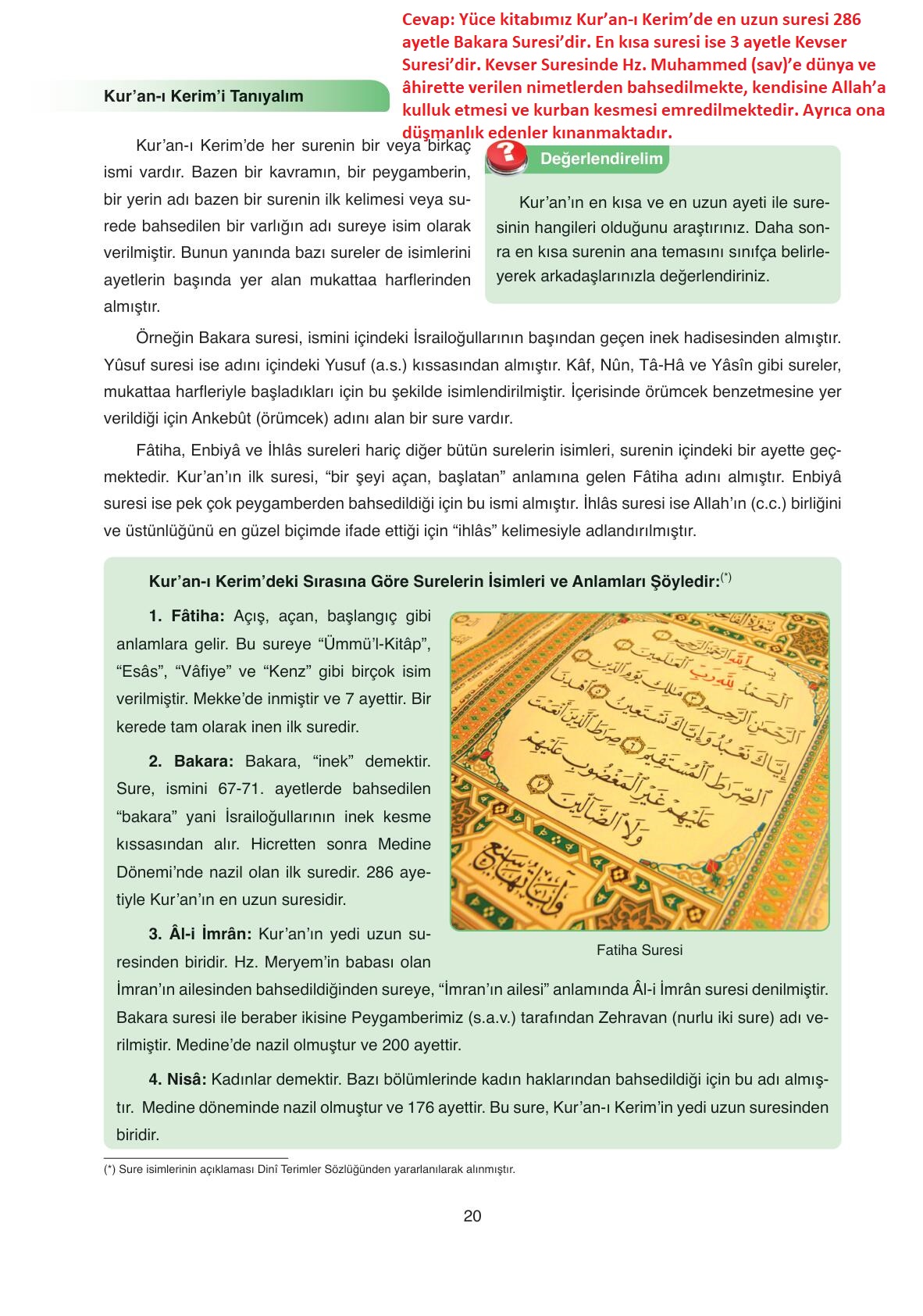 9. Sınıf Kuran-ı Kerim Ders Kitabı Ata Yayınları Sayfa 20 Cevapları - derskitabicevaplarim.com