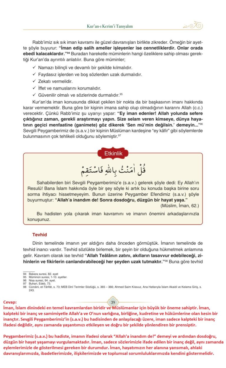 7. Sınıf Kuran-ı Kerim Ders Kitabı Semih Ofset Yayınları Sayfa 39 Cevapları ...