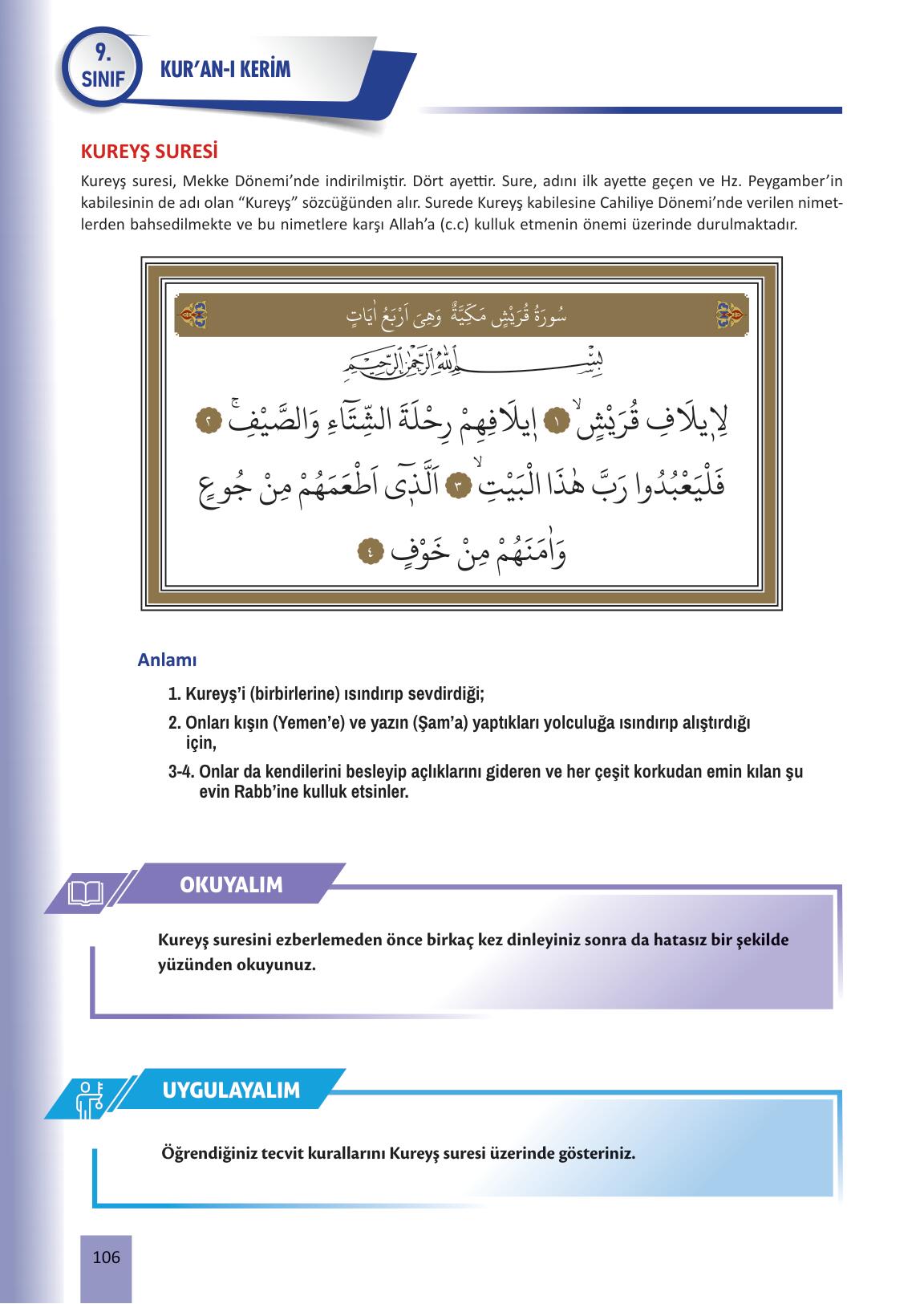 9. Sınıf Kuran-ı Kerim Ders Kitabı MEB Yayınları Sayfa 106 Cevapları – derskitabicevaplarim.com