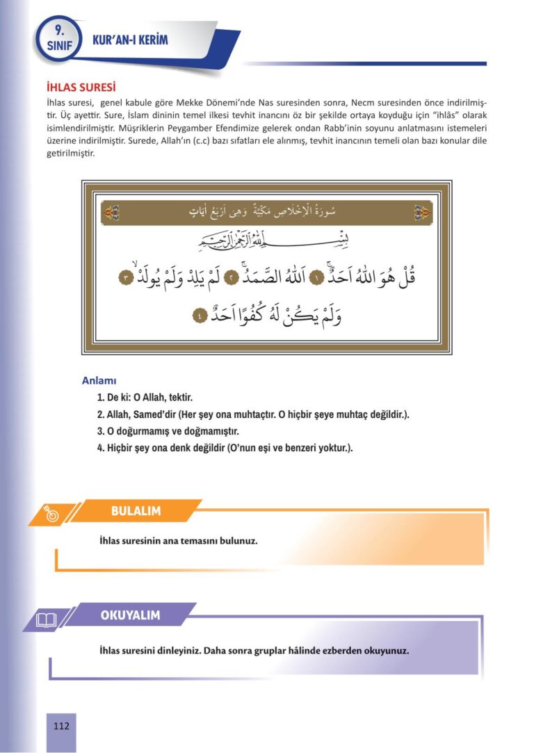 9. Sınıf Kuran-ı Kerim Ders Kitabı MEB Yayınları Sayfa 112 Cevapları – derskitabicevaplarim.com