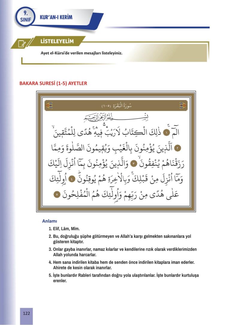 9. Sınıf Kuran-ı Kerim Ders Kitabı MEB Yayınları Sayfa 122 Cevapları - derskitabicevaplarim.com