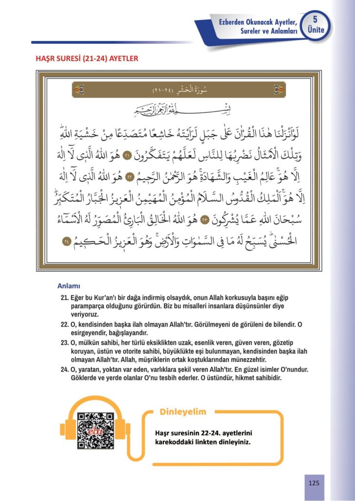 9. Sınıf Kuran-ı Kerim Ders Kitabı MEB Yayınları Sayfa 125 Cevapları – derskitabicevaplarim.com