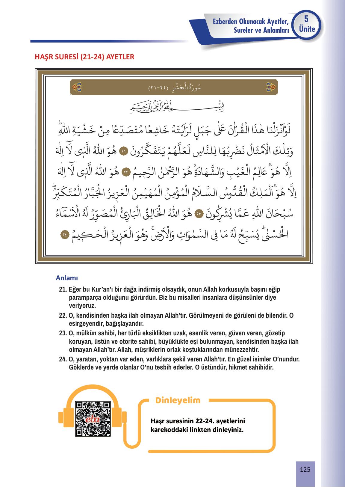 9. Sınıf Kuran-ı Kerim Ders Kitabı MEB Yayınları Sayfa 125 Cevapları – derskitabicevaplarim.com