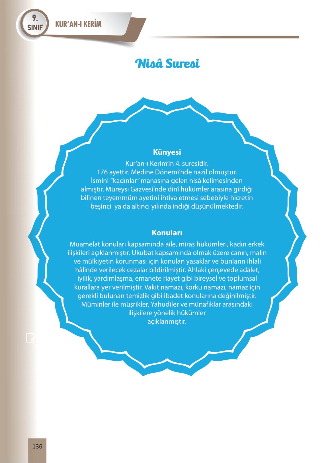 9. Sınıf Kuran-ı Kerim Ders Kitabı MEB Yayınları Sayfa 136 Cevapları – derskitabicevaplarim.com