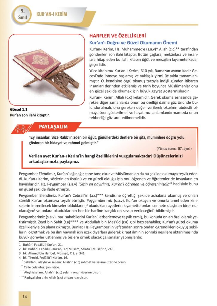 9. Sınıf Kuran-ı Kerim Ders Kitabı MEB Yayınları Sayfa 14 Cevapları – derskitabicevaplarim.com