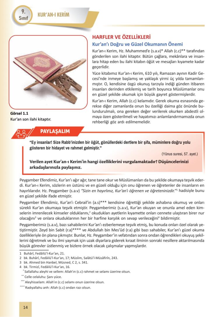 9. Sınıf Kuran-ı Kerim Ders Kitabı MEB Yayınları Sayfa 14 Cevapları – derskitabicevaplarim.com