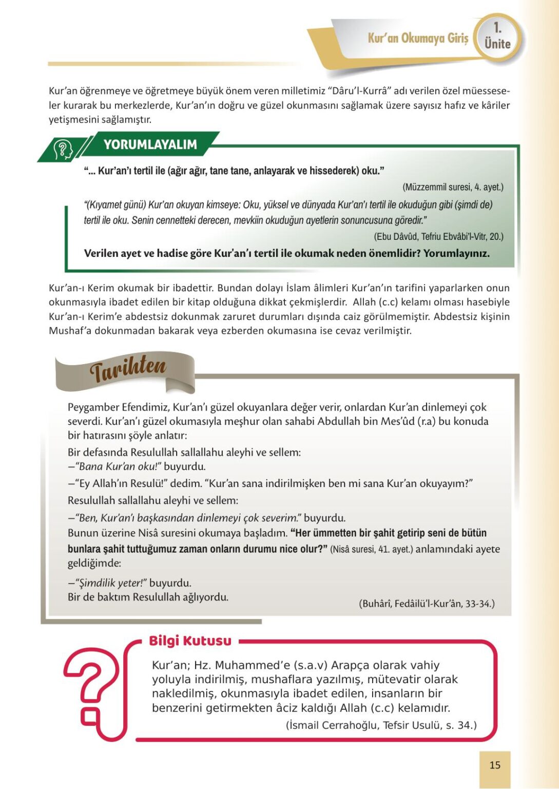 9. Sınıf Kuran-ı Kerim Ders Kitabı MEB Yayınları Sayfa 15 Cevapları - derskitabicevaplarim.com