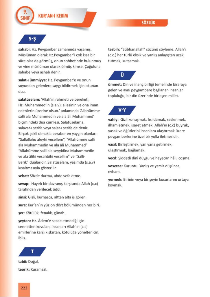 9. Sınıf Kuran-ı Kerim Ders Kitabı MEB Yayınları Sayfa 222 Cevapları – derskitabicevaplarim.com