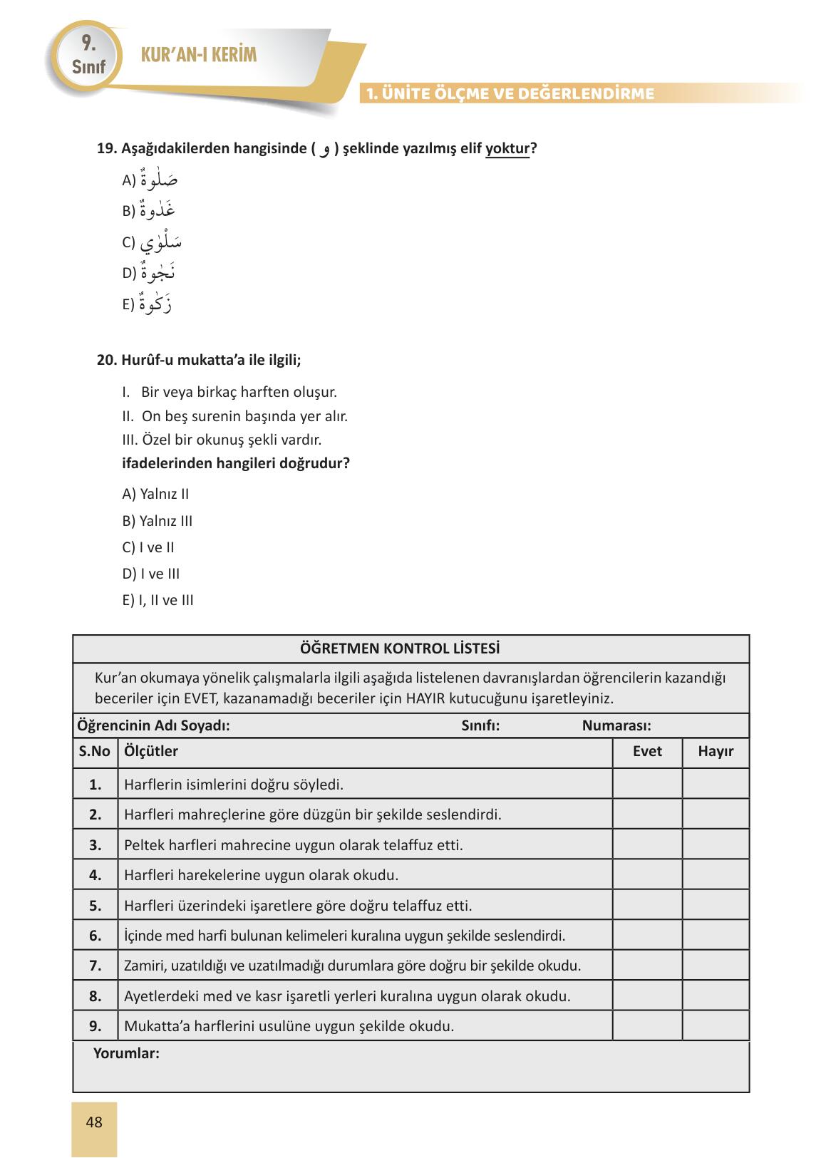 9. Sınıf Kuran-ı Kerim Ders Kitabı MEB Yayınları Sayfa 48 Cevapları – derskitabicevaplarim.com
