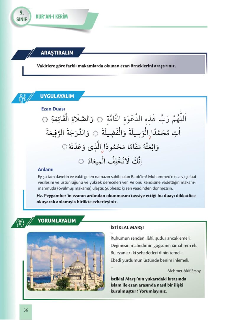 9. Sınıf Kuran-ı Kerim Ders Kitabı MEB Yayınları Sayfa 56 Cevapları – derskitabicevaplarim.com