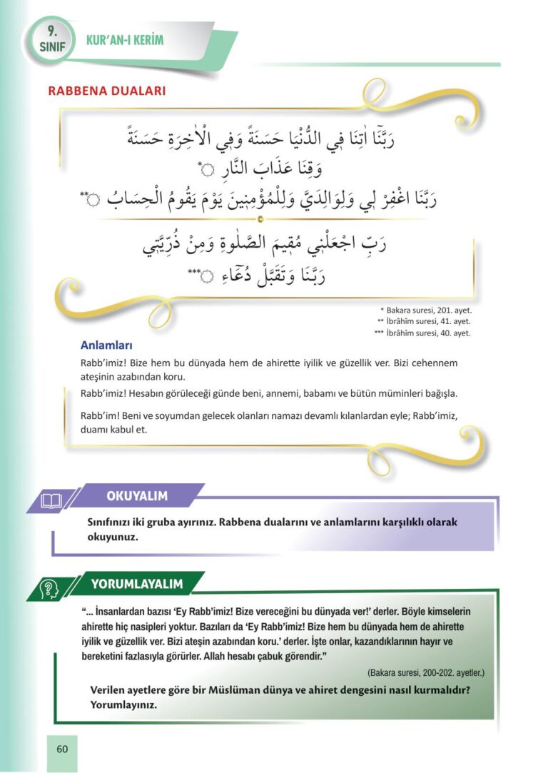 9. Sınıf Kuran-ı Kerim Ders Kitabı MEB Yayınları Sayfa 60 Cevapları - derskitabicevaplarim.com