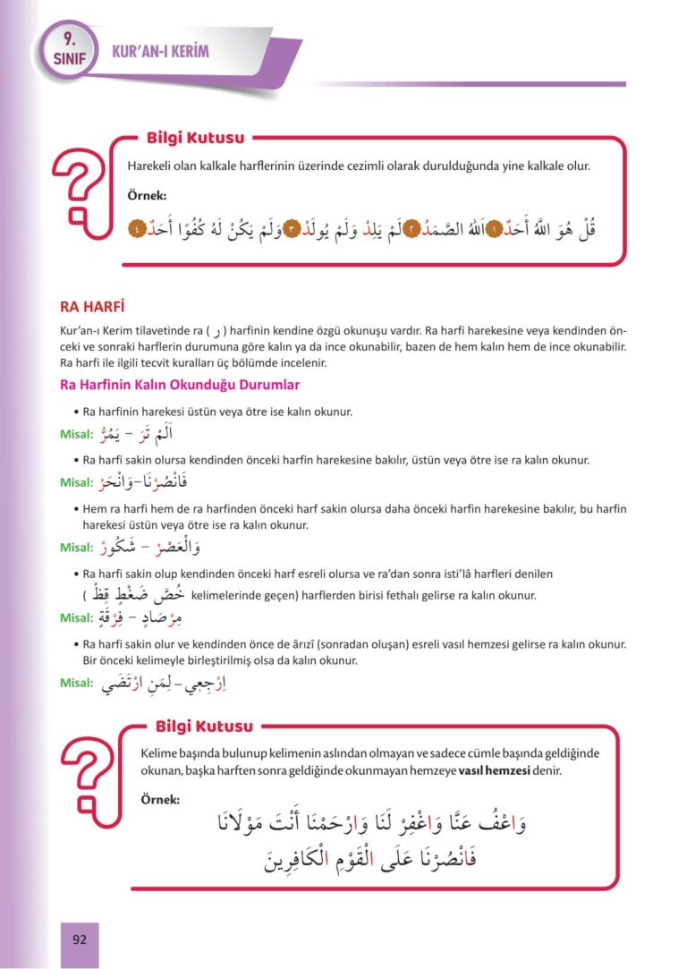 9. Sınıf Kuran-ı Kerim Ders Kitabı MEB Yayınları Sayfa 92 Cevapları – derskitabicevaplarim.com