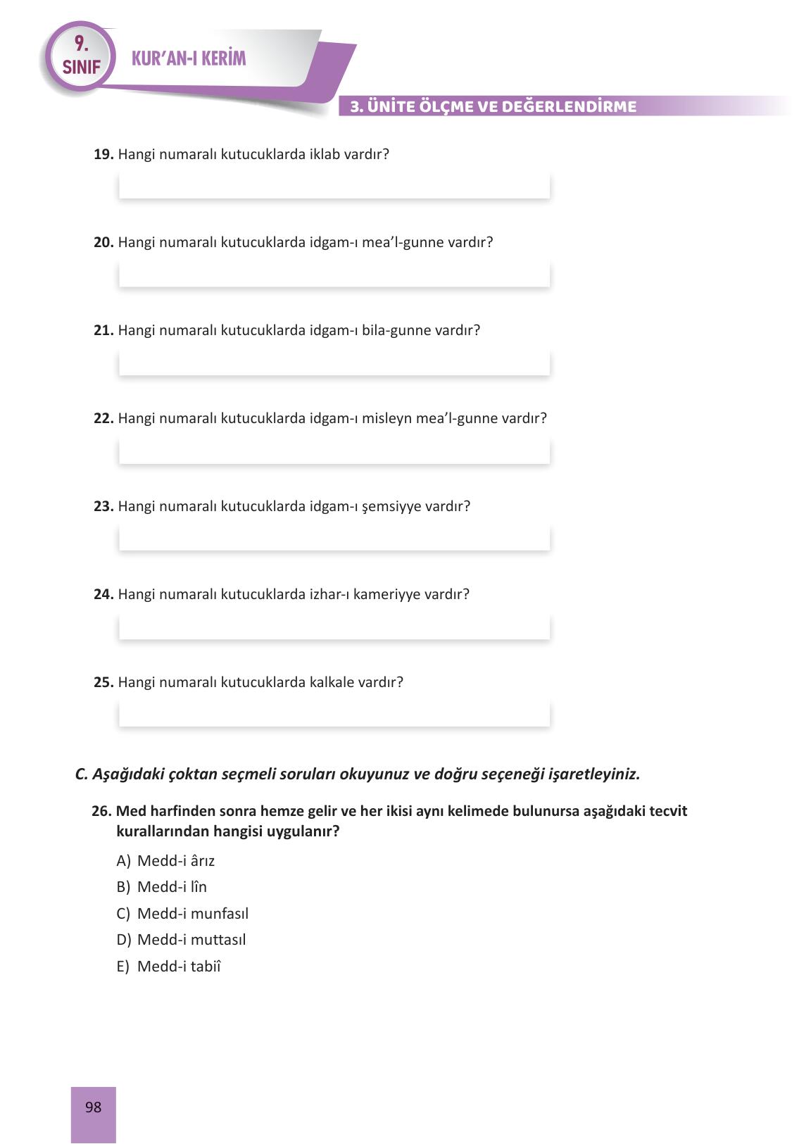 9. Sınıf Kuran-ı Kerim Ders Kitabı MEB Yayınları Sayfa 98 Cevapları – derskitabicevaplarim.com