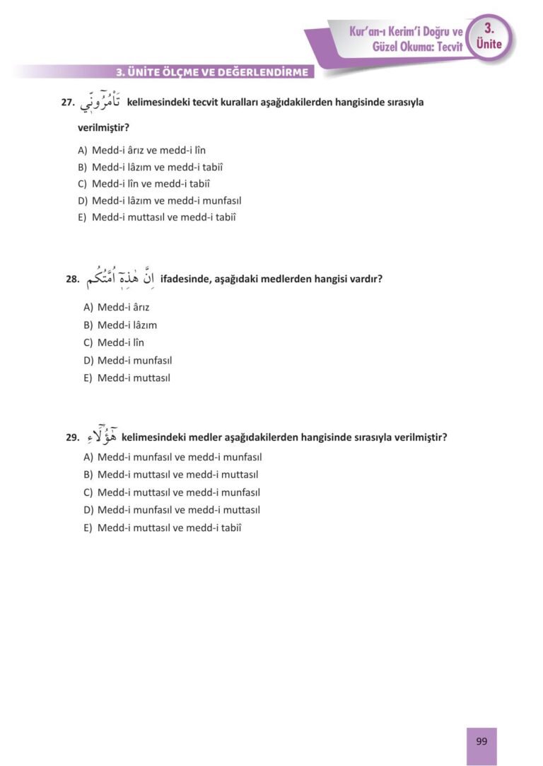 9. Sınıf Kuran-ı Kerim Ders Kitabı MEB Yayınları Sayfa 99 Cevapları – derskitabicevaplarim.com